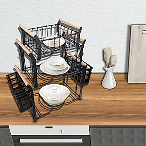 Suwimut 3 Tier Buffet Caddy, 10 Pieces Stackable Plate Napkin Silverware Holder Utensils Organizer with 5 Mugs Hooks for Kitchen, Dining Table, Entertaining, Party, Picnic, Black