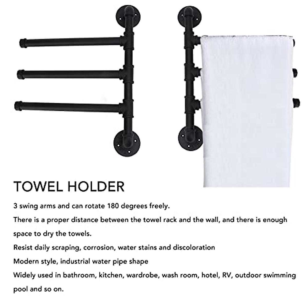 Camidy Industrial Style Iron Pipe Swing Out Towel Rack, Wall Mounted 3 Arm Rotation Towel Bar Rack Vintage Iron Pipe Towel Holder Storage Organizer