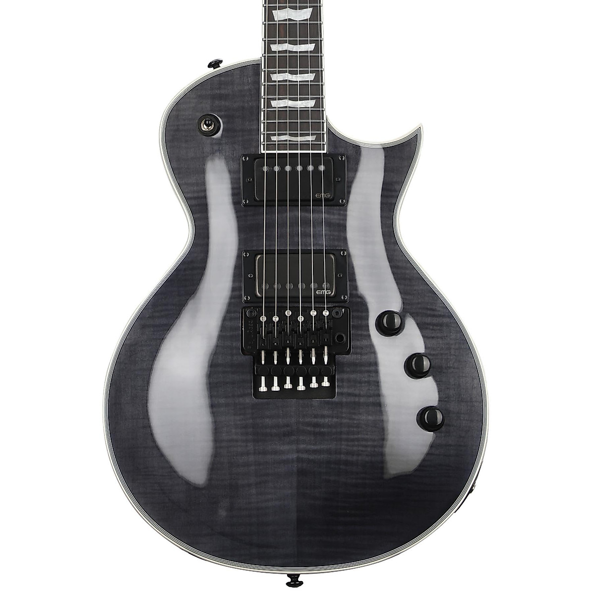 ESP 6 String LTD Deluxe EC-1000FR Electric Guitar, See Thru Black, Right, (LEC1000FRFMSTBLK)
