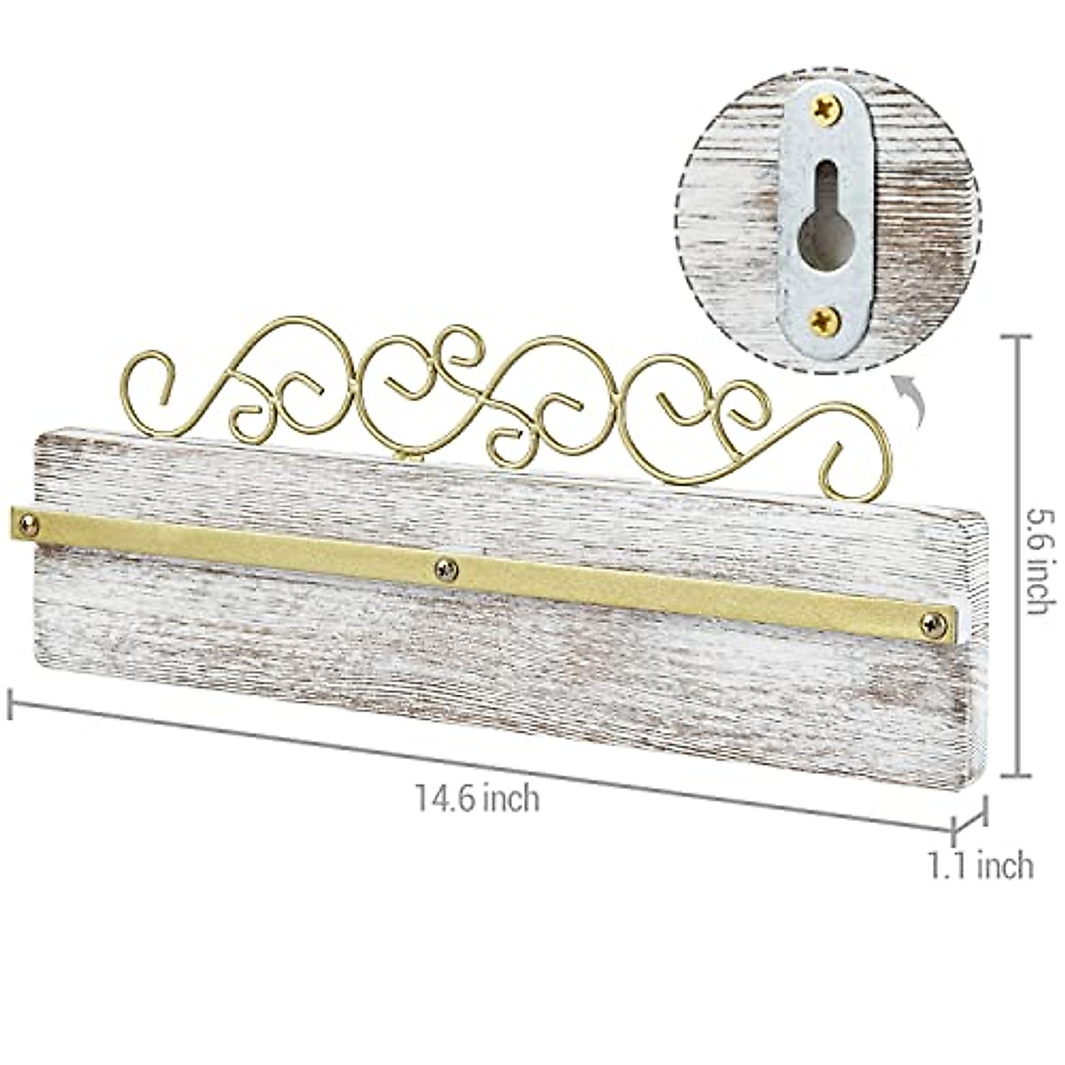 MyGift Vintage Whitewashed Wood Wall Mounted Sunglasses Rack, Entryway Glasses Holder Eyewear Display with Rail Hanger and Scrollwork Brass Tone Metal Design