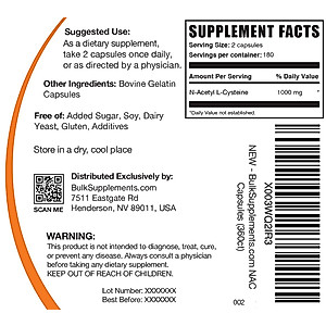 BulkSupplements.com N-Acetyl L-Cysteine 1000mg Capsules - N-Acetyl Cysteine 1000mg, NAC Supplement - NAC 1000mg, Gluten Free - 2 Capsules per Serving, 360 Capsules (Pack of 1)