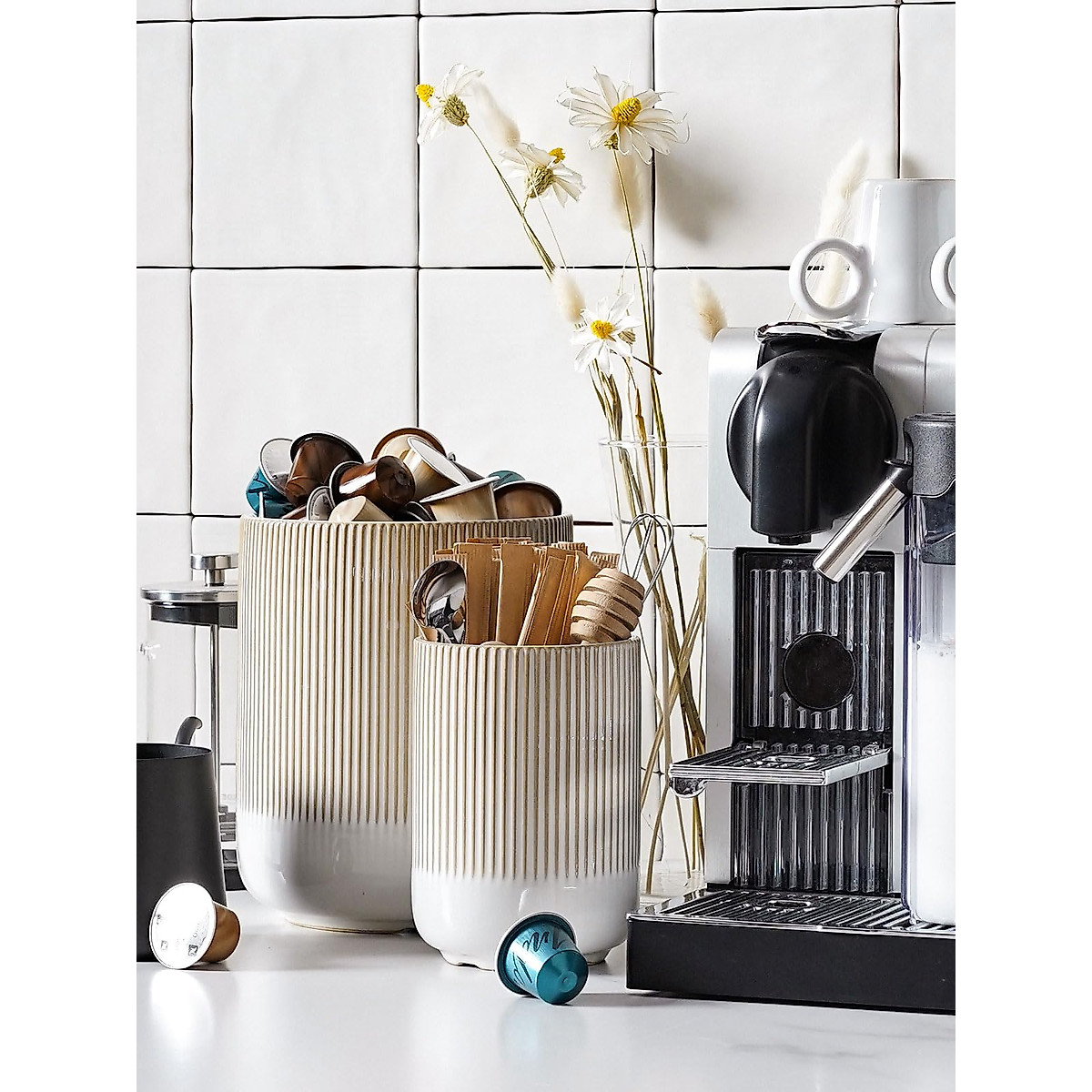 LE TAUCI Utensil Holder, 7.3"+5.4" Ceramic Kitchen Utensil Holder for Countertop, Large Cooking Utensil Crocks Gift for Mom, Boho Farmhouse Kitchen Decor, Set of 2, Reactive Glaze Arctic White