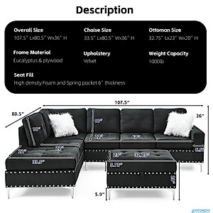 Yoglad L Shaped Furniture Set, 5-Seater Sectional Sofa with Reversible Chaise, Corner Sofa Set with Ottoman, for Apartment, Living Room, No Assembly Require (107.5 Inch Chenille, Red)