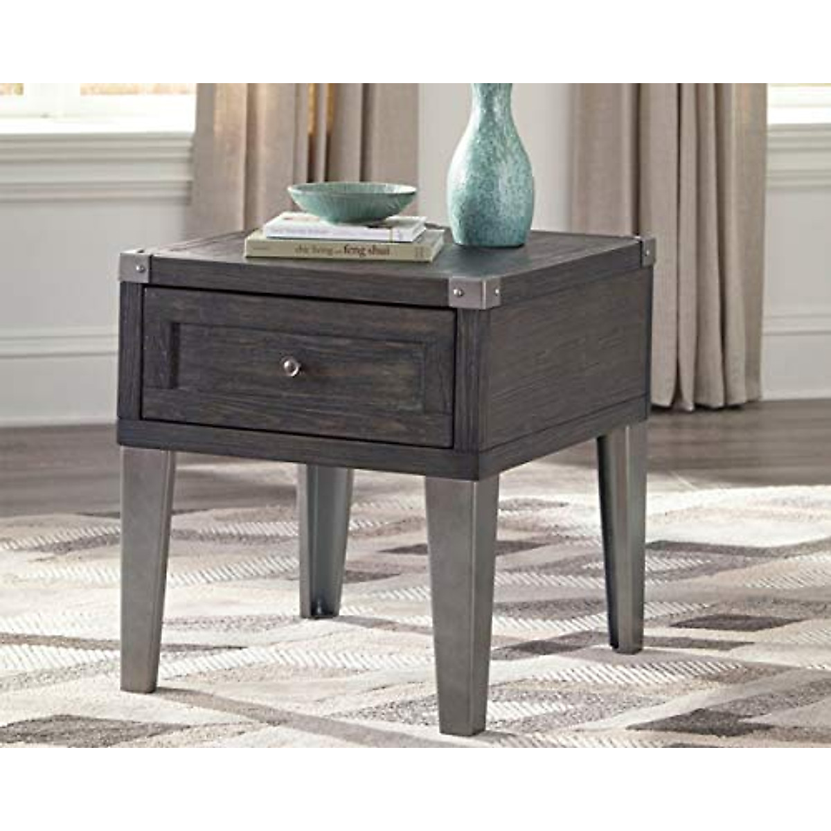 Signature Design by Ashley Todoe Industrial Square End Table with 1 Drawer, 2 Outlets and 2 USB Charging Ports, Dark Gray with Weathered Pine Finish