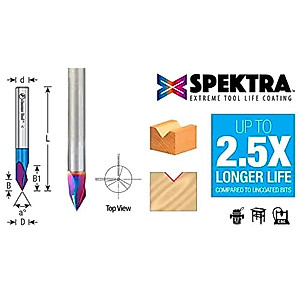 Amana Tool 45624-K SC Spektra Extreme Tool Life Coated V-Groove 60 Deg x 1/4 D x 31/64 CH x 1/4 Inch SHK 3-Flute Router Bit