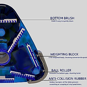 POOLWHALE See-Thru Weighted Transparent Triangular Pool Rotative Vacuum Head with Brush & EZ Clip Handle - 3 Ball Wheels for Cleaning Surface Safe on Vinyl Lined Pools