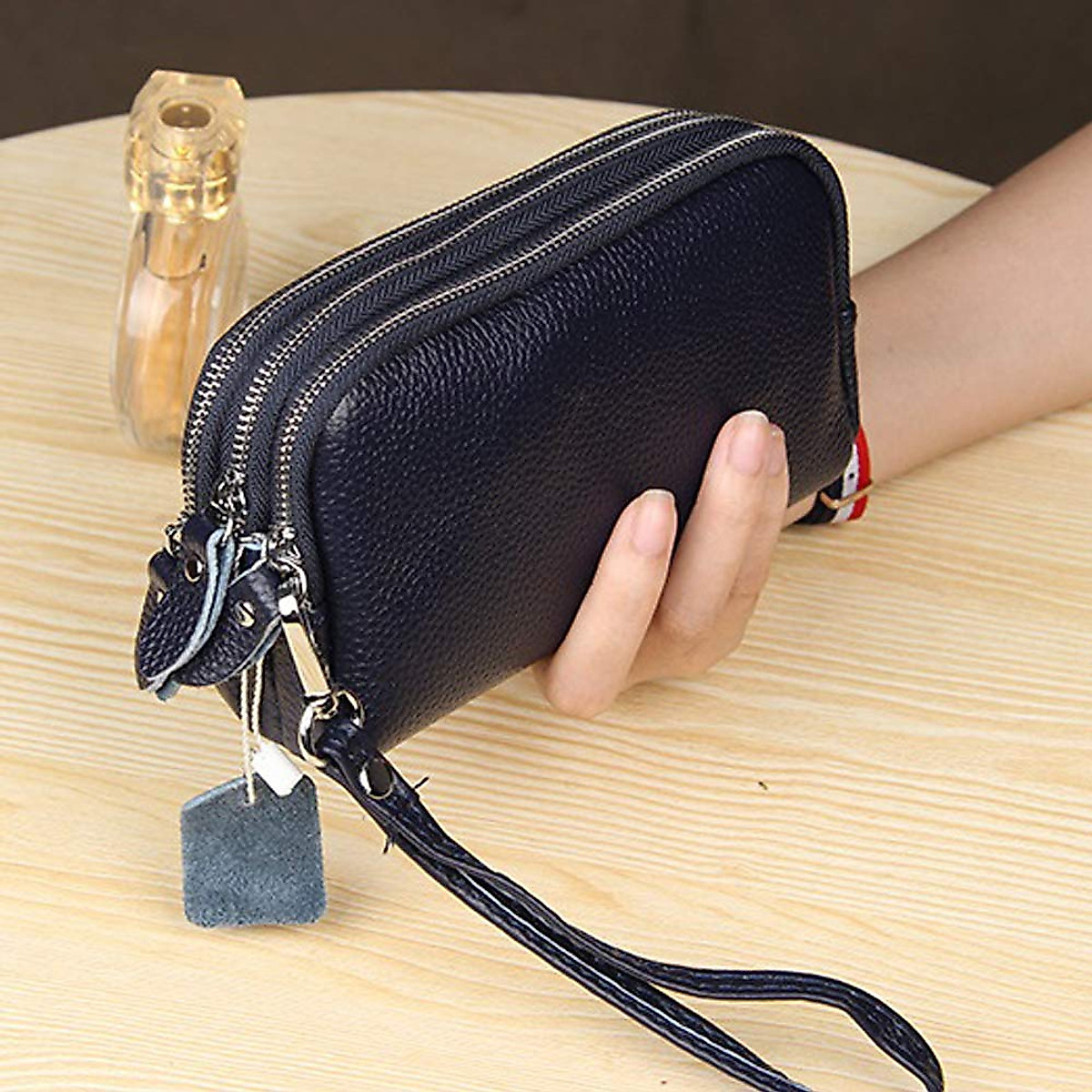 NIGEDU Women Long Wallet Genuine Leather 3-Layer Zipper Purse Bag Phone Bag Money Purses Clutch Wallets with Wrist Strap (Black)