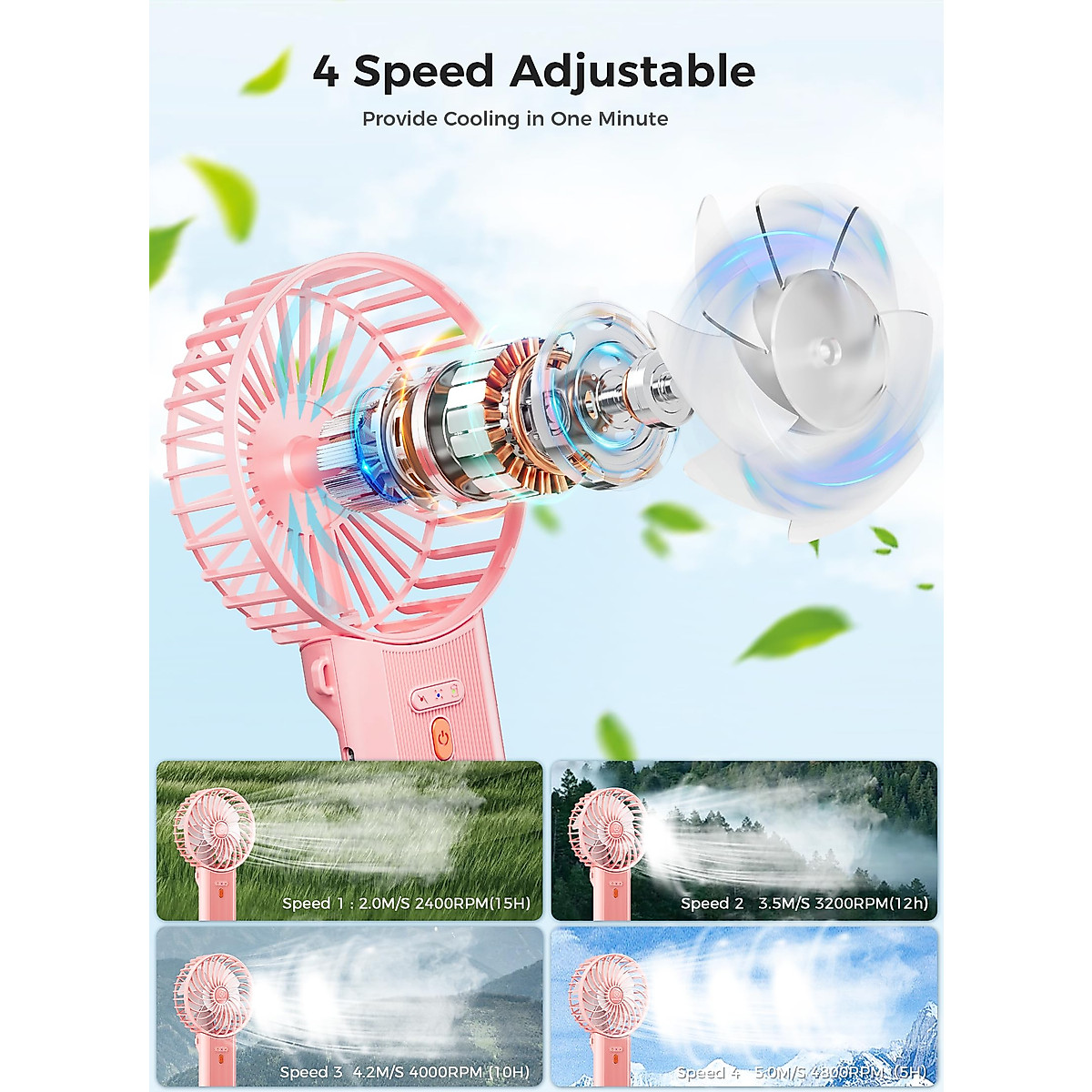 JZCreater Mini Handheld Fan,Portable Hand Held Fan, 15H Cooling Fan, Quiet 4 Speed, USB Rechargeable Battery Operated Desk Fan, Small Folding Electric Fan for Travel Outdoor Home Office Makeup, PINK