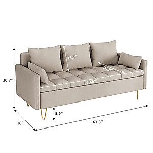 Senfot Sofa Couch Faux Leather 60" W Sofas with Lift-Up Storage and Comfortable Hand Stitched, Pillows, Modern Design with Button Tufted and Gold Metal Legs in Beige