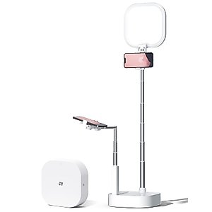 Viozon Extendable Selfie Stand,Height&Angle Adjustable,Overhead 360° Rotate,2 Phone Holders,Rechargeable Wireless Foldable 15 Brightness LED Light for Live Streaming/YouTube/Tiktok/Video/Makeup