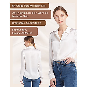 LilySilk Women's Silk Blouse 100% 22MM Silk Button-Down Shirt Long Sleeves Classic Timeless Top for All Seasons Casual Business, Natural White L