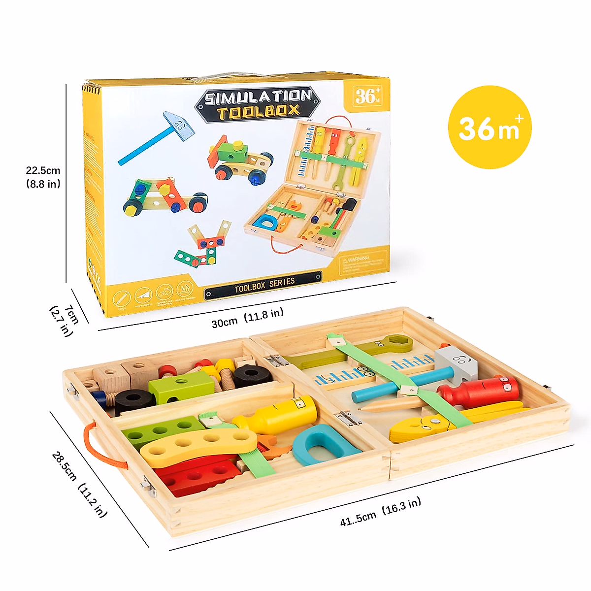 Rundad Wooden Kids Tool Set – 37 PCS Tool Kit Box with Stickers of My First Tools, Montessori Toys for 2 3 4 Year Old Boy Gift, Tool Construction Set for Toddler Ages 3-5