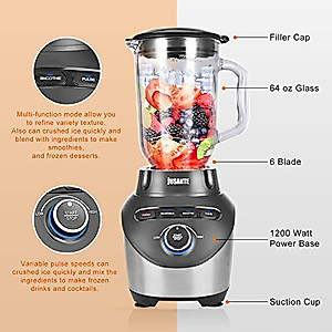 JUSANTE Professional Blender with 1200 Watts and 64 oz Glass Jar Kitchen Countertop Blender for Shakes and Smoothies with High Speed Total Crushing Smoothie Blender Black for Smoothies Frozen Drinks