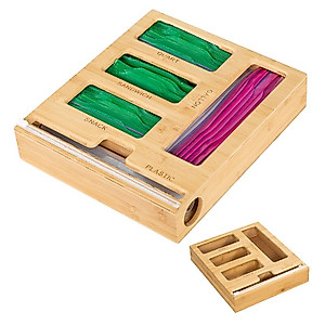 Sansnow 5 in 1 Bamboo Ziplock Bag Organizer Box and Plastic Wrap/Foil/Wax Dispenser with Cutter, Storage Box for Ziplock Bag (Gallon/Quart/Sandwich/Snack), Apply to Kitchen Drawer/Countertop/Wall