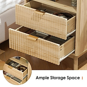 Fluted Nightstand with Charging Station, 19.7 inch Wide End Table with 2 Drawers, Modern Wood Bedside Table for Bedroom, Natural