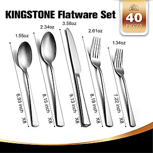 KINGSTONE Silverware Set for 8, 40-Piece Forged 18/10 Stainless Steel Flatware Set, Mirror Finish Cutlery Set Dishwasher Safe for Home, Restaurant, Wedding, Party