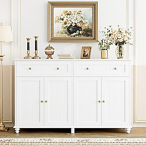 FINETONES Buffet Cabinet with Storage, 55.1” Large Sideboard Buffet Cabinet, White Kitchen Cabinet Display Cabinet with 2 Drawers and 4 Doors, Wood Coffee Bar Cabinet for Kitchen Dining Room