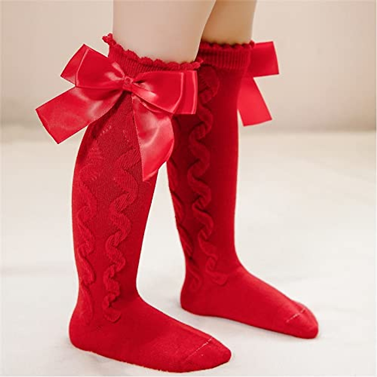 CheeseandU 1 Pair Baby Girl Birthday Red Bow Socks, Cotton Sweet Cute Princess Uniform Knee High Socks with Large Bow Tube Ruffled Stockings for 18-36Months Red