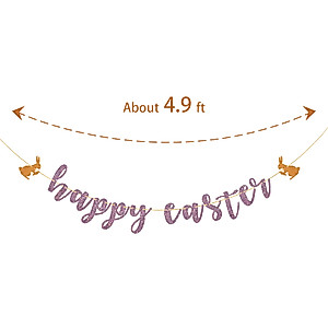 Happy Easter Banner - Happy Easter Garland,Easter Decors,Easter Bunting - Welcome Spring Easter Themed Party Banner - Purple Glitter