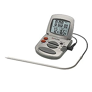 Taylor Programmable with Timer Instant Read Wired Probe Digital, Meat, Food, Grill BBQ Cooking Kitchen Thermometer, Stainless Steel