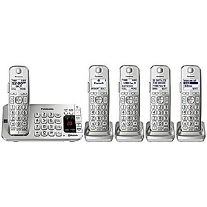 Panasonic Link2Cell Bluetooth Cordless DECT 6.0 Expandable Phone System with Answering Machine and Enhanced Noise Reduction - 5 Handsets - KX-TGE475S (Silver)