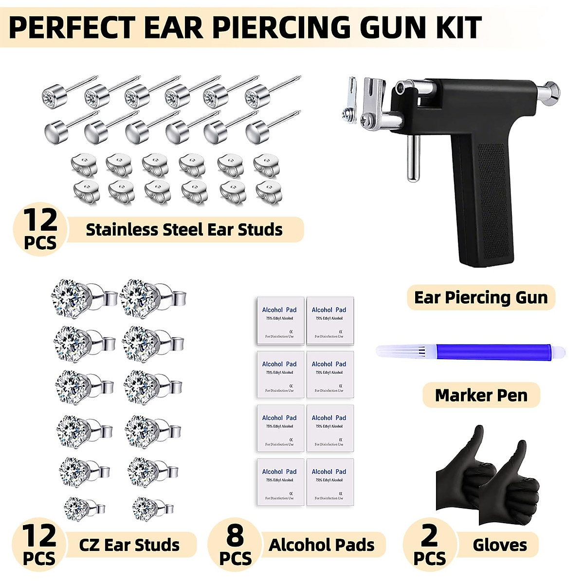 Self Ear Piercing Gun Kit with 12 Pairs of CZ Ear Stud Piercing Tools with Multi-Purpose Ear Gun for Salon and Home Use