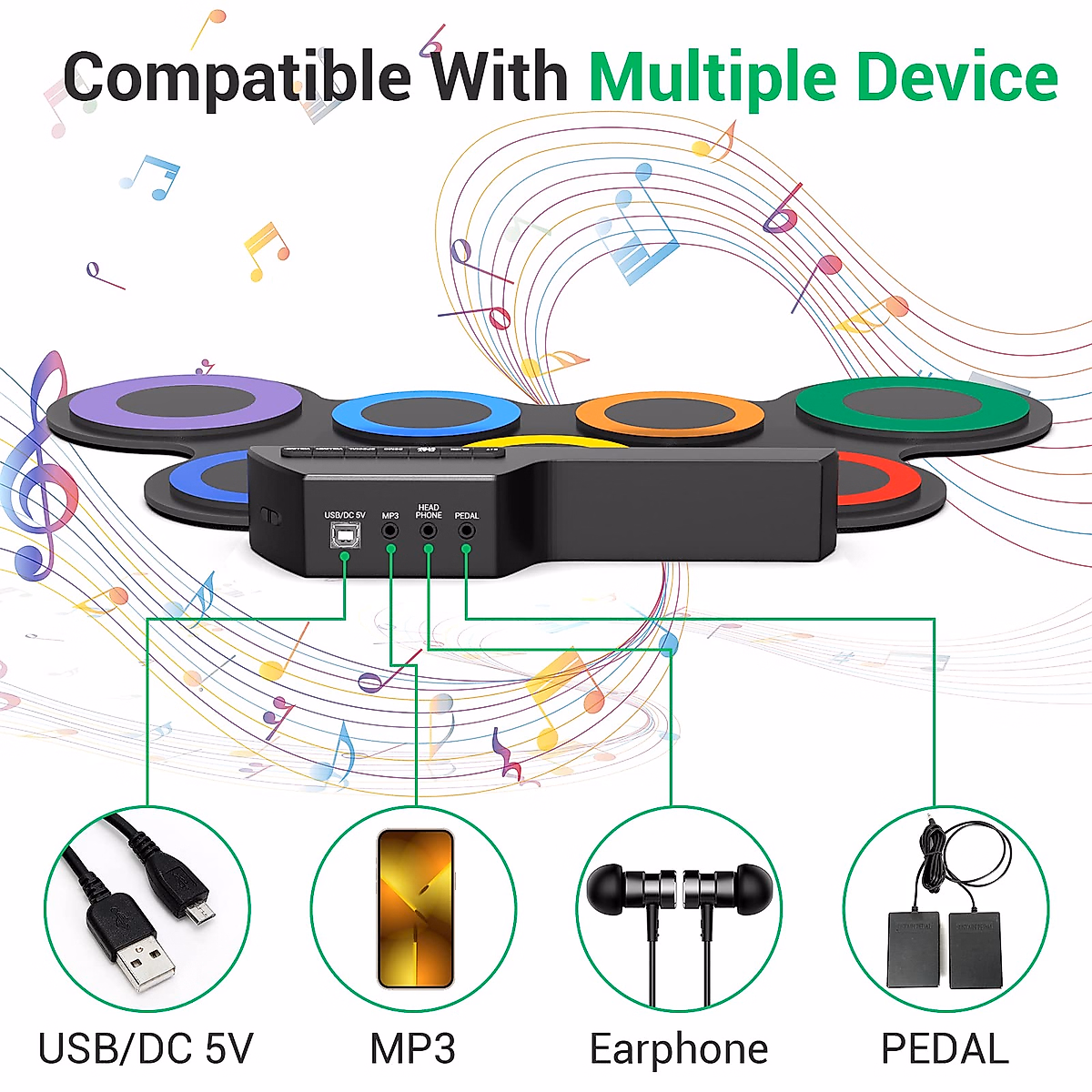 ROCKSOCKI Electric Drum Set, 7-Pad Kids Electronic Drum Set with Headphone Included, Roll-up Drum Practice Pad, Great Holiday Xmas Birthday Gift for Kids