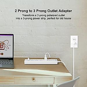 WANDOFO 2 Prong Power Strip, 10FT Long Extension Cord Surge Protector, 5 Outlets and 3 USB, 13A/1625W, Polarized Two Prong to Three Prong Outlet Adapter Converter, Wall Mount, White