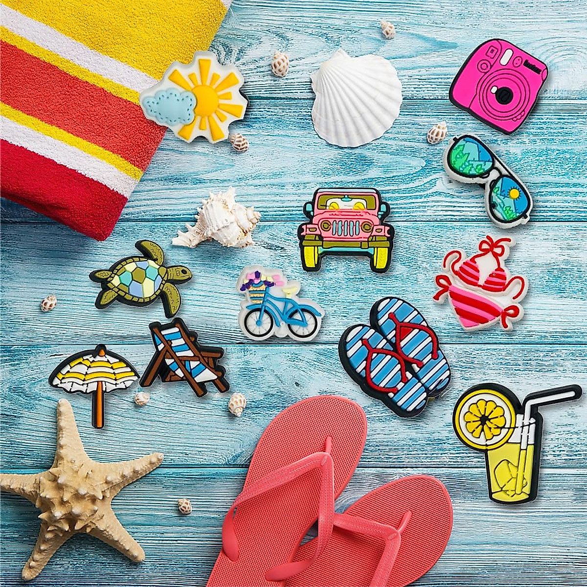 35PCS Summer Shoe Charms for Crock Bubble Slides,Cool Coconut Tree Cactus Fruit Juice Flowers Shoe Decoration Charms Pins for Kids Teens Girls Boys Men Women Party Favor