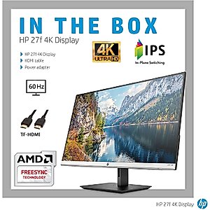 HP New Premium 27f 4K Monitor: 27" UHD 3840 x 2160 (4K) IPS Micro-Edge Display, AMD FreeSync Tech, Height/Tilt Adjustment, HDMI, DisplayPort, 5ms Response time, 16:9 Aspect Ratio, 60Hz,TF HDMI Cable