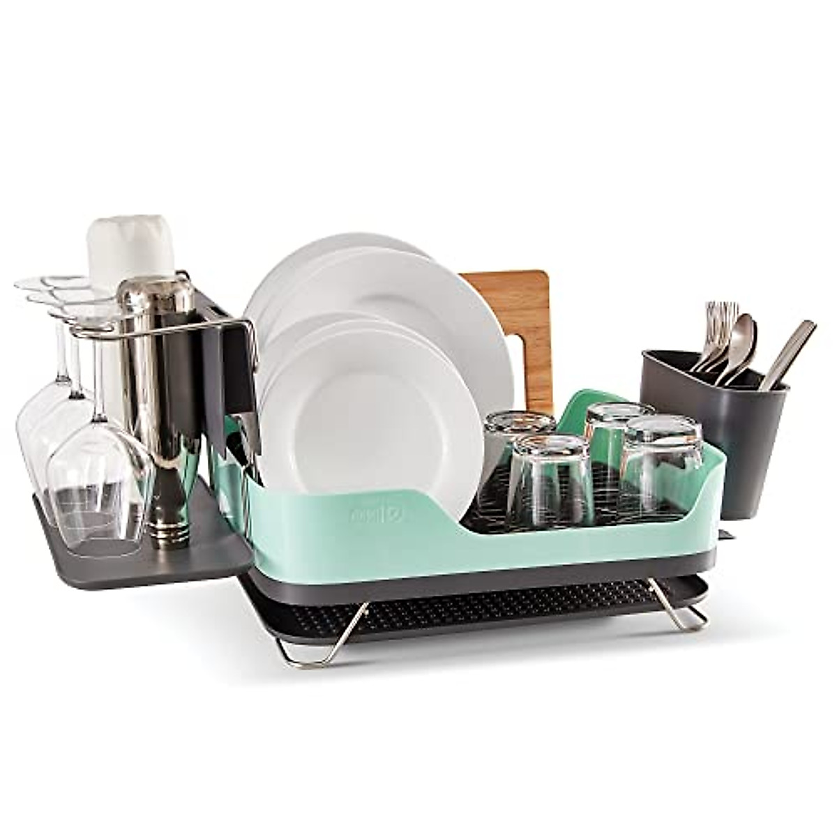DASH SmartStore™ Full Size Dish Rack – Plates, Cups, Utensil Holder, Knife Slot, Drainage Spout + Drying Mat – Aqua