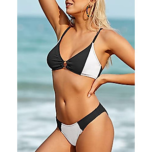 ZAFUL Bikini Sets for Womens Swimsuits Color Block O-Ring Bikini Two Piece Bathing Suits Thong Bikini Swimsuit (Black M)