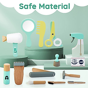 Treewant Kids Hair Salon Playset, Wooden Makeup Toy Set, Hair Styling Toys for Girls, Kids Shaving Kit for Boys, Kids Barber Playset, Gifts for 3 4 5 Year Old Girls Boys (18 PCS)