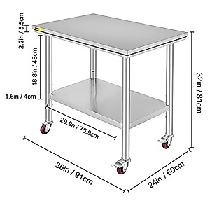 Mophorn Stainless Steel Work Table 36x24 Inch with 4 Wheels Commercial Food Prep Worktable with Casters Heavy Duty Work Table for Commercial Kitchen Restaurant