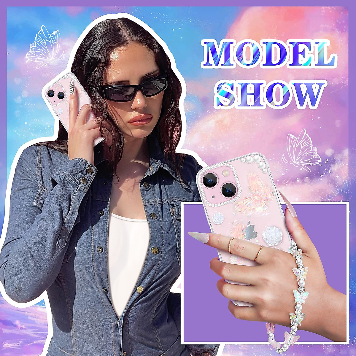 Goocrux (4in1 Case for Apple iPhone 13 Mini Butterfly Glitter Handmade Sequin Sparkle Pretty for Women Girls Clear Design Crystal Sparkly Cute Girly Phone Cases+Chain+Camera Cover+Screen Protector