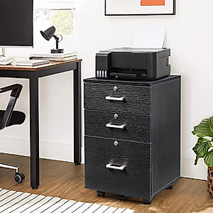 Bonnlo 26" H 3 Drawer File Cabinet with Lock, Rolling File Cabinet Under Desk, Mobile File Cabinets for Home Office, Wood Black File Cabinet Printer Stand for Letter Size Hanging/Manila File Folders
