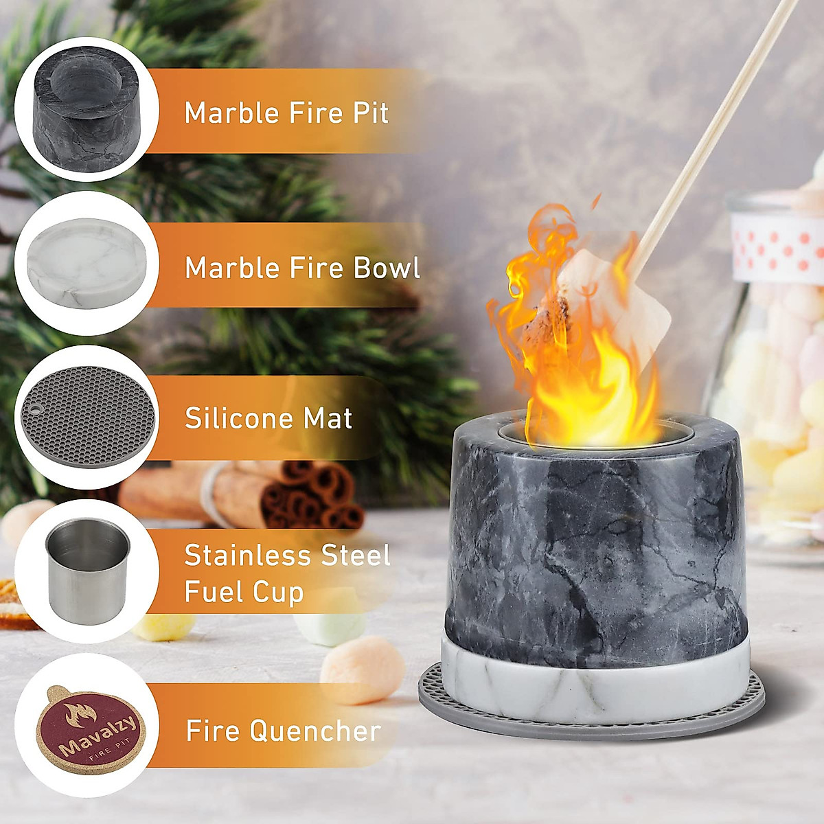 Outdoor Decor, Mavalzy Tabletop Fire Pit Real Marble Table Top Fire Pit Bowl Smokeless Mini Fire Pit Personal Portable Tabletop Fireplace for Patio Decor