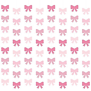 8Pcs Pink Bow Hanging Banners Party Decorations,Coquette Birthday Decorations Girl Bow Theme Birthday Party Decor Bow Garland for Girl Birthday Bachelorette Baby Shower Bridal Shower Party Supplies