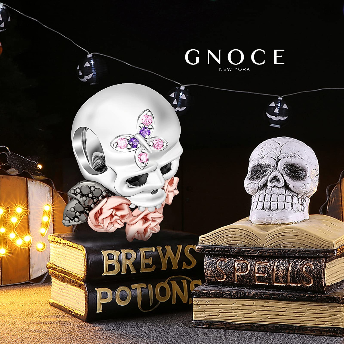 GNOCE Women's Sugar Skull Charm 925 Silver with Butterfly and Rose Gold Flowers Bracelets Charm for Women fit Bracelets Necklaces (Blooming)