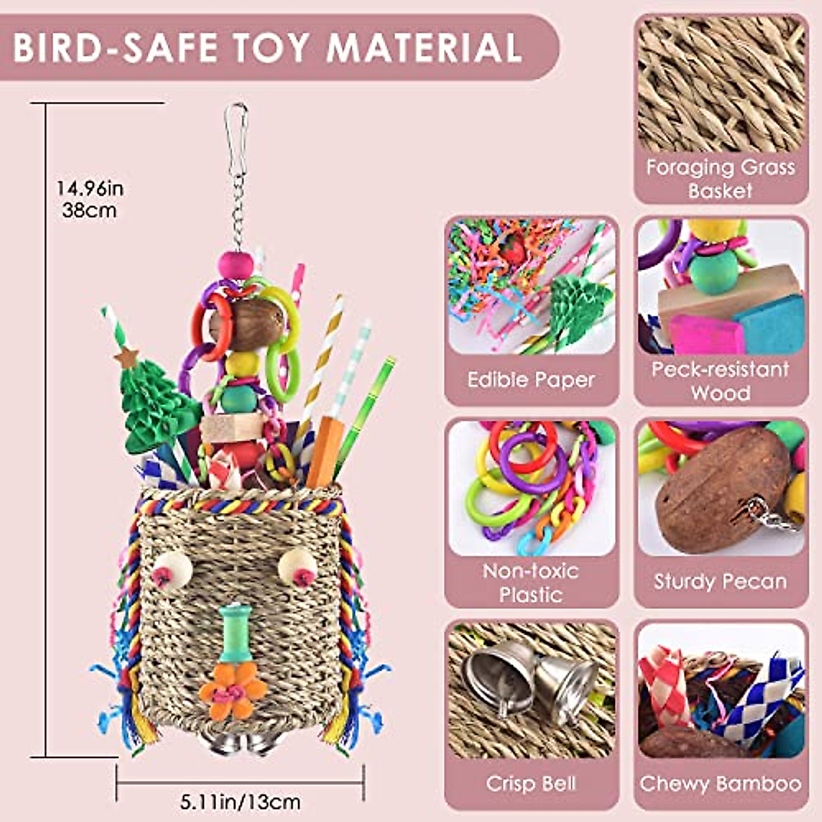 KATUMO Bird Foraging Toys, Seagrass Basket Bird Toy with Array of Chewable Parrot Toys for Small Medium Parrot Birds