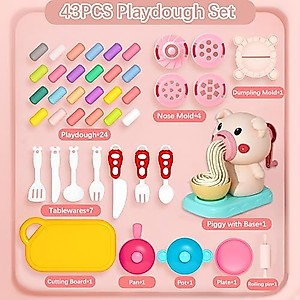 Dough Toys for Kids,GUFUL 43 Pcs Color Dough Piggy Noodle Machine and Ice Cream Maker Kitchen Creations Playset with 24 Cans Dough Birthday for 2-8 Year Old Girls Boys Kids Toddlers