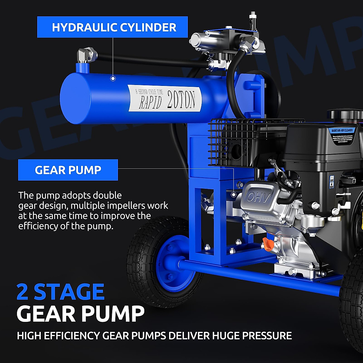 EFURDEN Portable Gas Log Splitter with 7 HP-4 Stroke Engine, 20-ton Hydraulic auto-Return ram System and Twin Gear Hydraulic Pump, Horizontal Full Beam Steel Wedge firewood Splitter