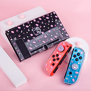 RHOTALL Cute Case Compatible with Nintendo Switch, Kawaii Accessories for Switch, Glitter Crystal Clear Cover for Switch and Joy Con Controller with 2 Glitter Thumb Grips - Cherry Blossoms