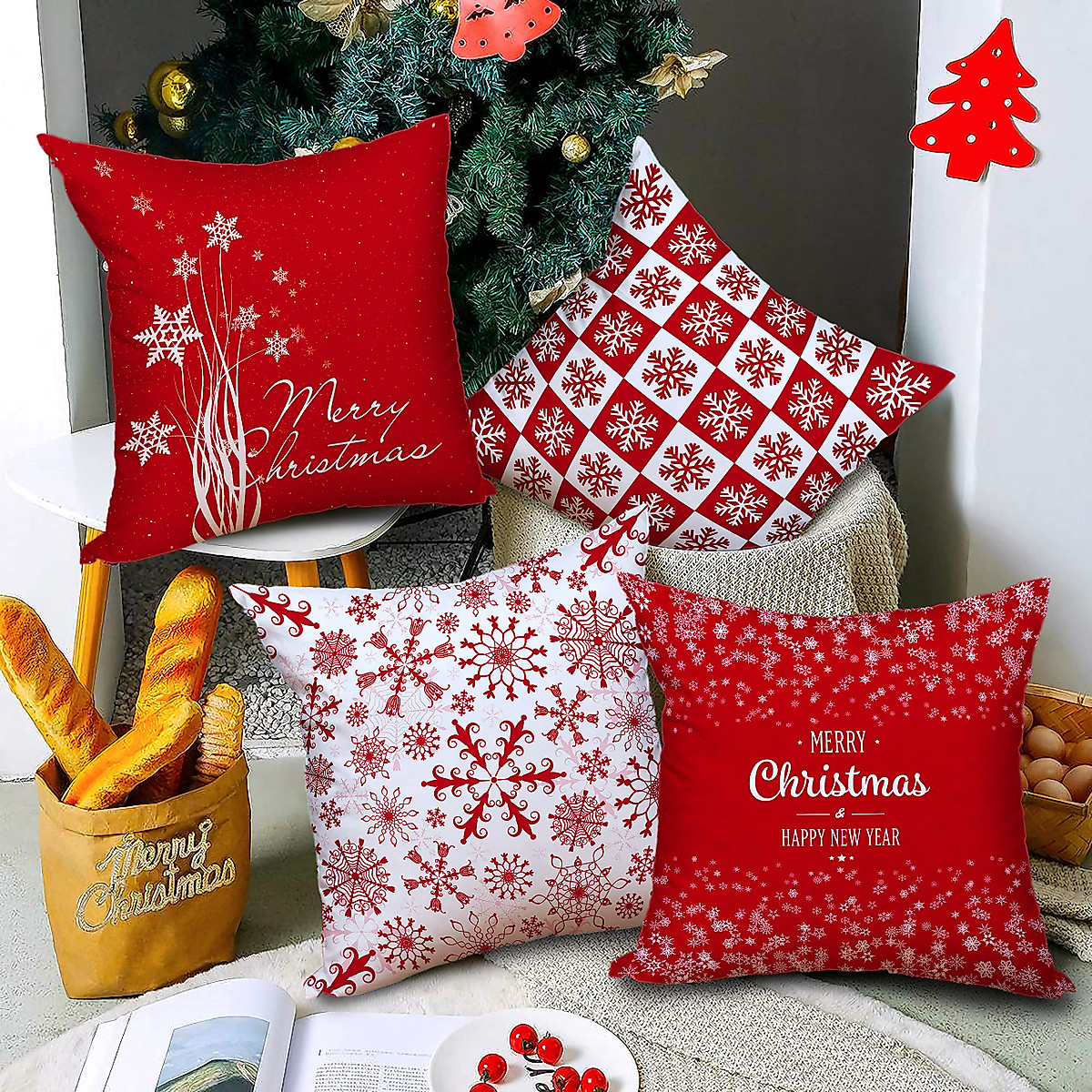 HELERKOL Set of 4 Red Merry Christmas Throw Pillow Covers 18 x 18 inch Snowflake Pillow Covers for Couch Sofa Winter Holiday Decoration Cushion Case