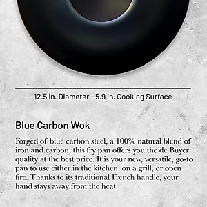 De Buyer - Blue Carbon Steel Wok Pan 2mm Thick - ACCESS - 12.5” Diameter, 9” Cooking Surface - Oven Safe - Naturally Nonstick - Made in France