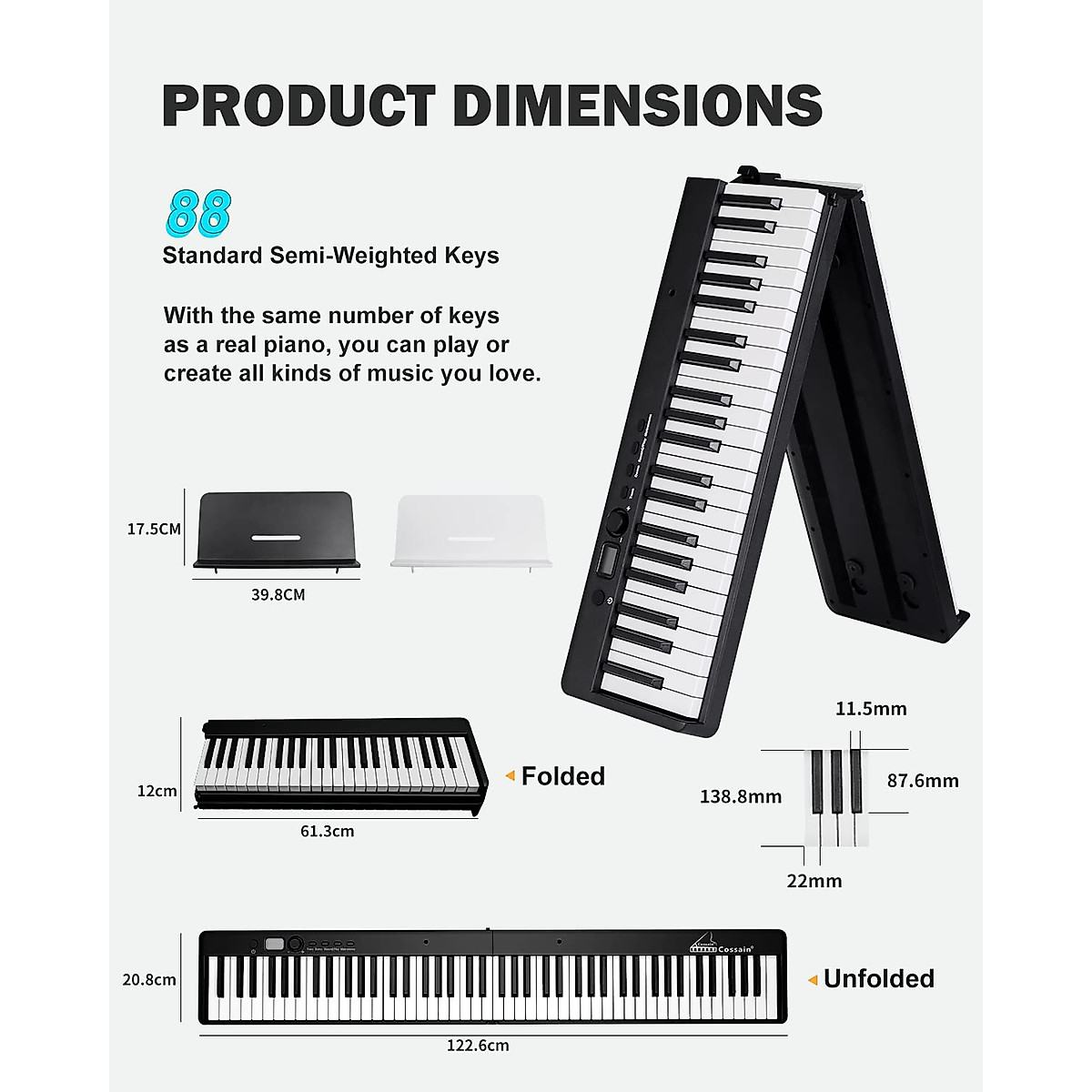 Cossain 88 Key Digital Piano with Lighted Keys, Folding Piano Keyboard [Full Size/Semi-Weighted] Portable Piano w/Piano Bag, [Bluetooth & MIDI] Electric Piano Keyboard for Beginners, Teens, Adult