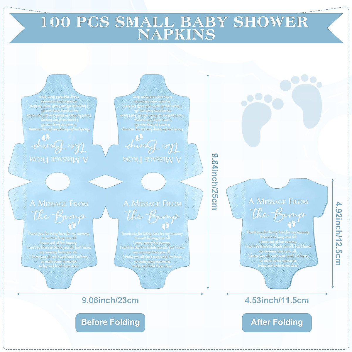 Colarr 100 Pcs Small Baby Shower Napkins Bodysuit Shape Gender Reveal Decorations Party Napkins a Message from the Bump Cocktail Disposable Paper Napkins for Baby Shower Thank You Gift (Blue)