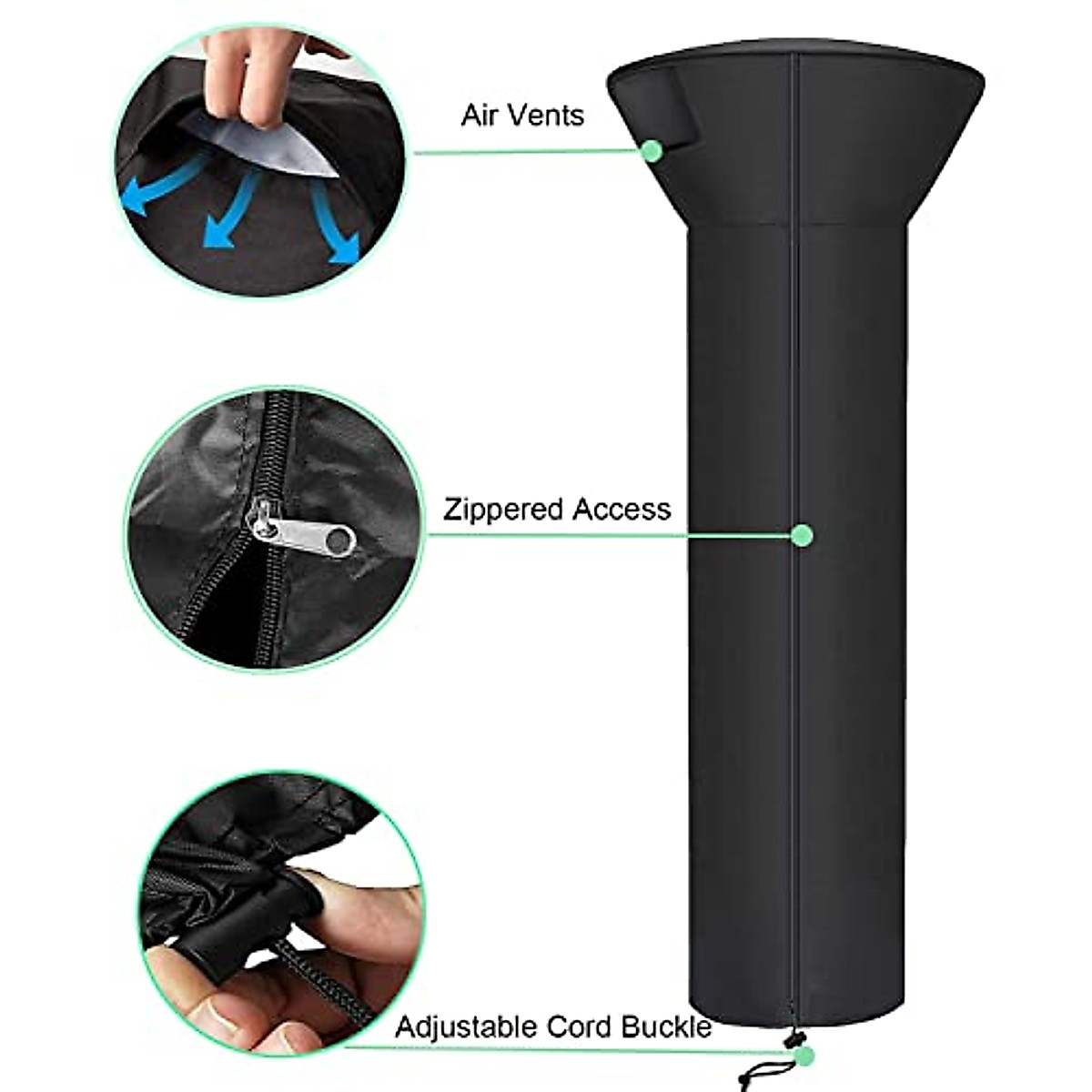 SIRUITON Patio Heater Covers with Zipper and Air Vent,Waterproof,Dustproof,Wind-Resistant,UV-Resistant,Snow-Resistant,（87" Height x 33" Dome x 19" Base,Black）