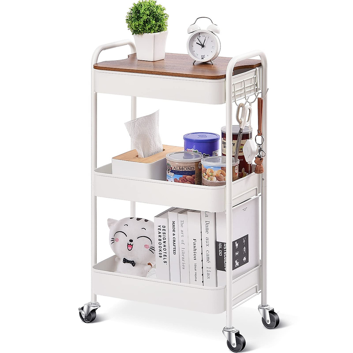 TOOLF 3-Tier Rolling Cart, Metal Utility Cart with Detachable Tray Top, Storage Craft Art Cart Trolley Organizer Serving Cart Easy Assembly for Office, Bathroom, Kitchen, Kids' Room, Classroom