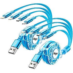 Multi Charging Cable,2Pack 4Ft Retractable USB Charger Cord 4 in 1 Fast Chargers for Multiple Devices with Lightning/Type C/Micro USB Port for Cell Phones,iPhone,iPad,Samsung Galaxy,PS,Tablet,More
